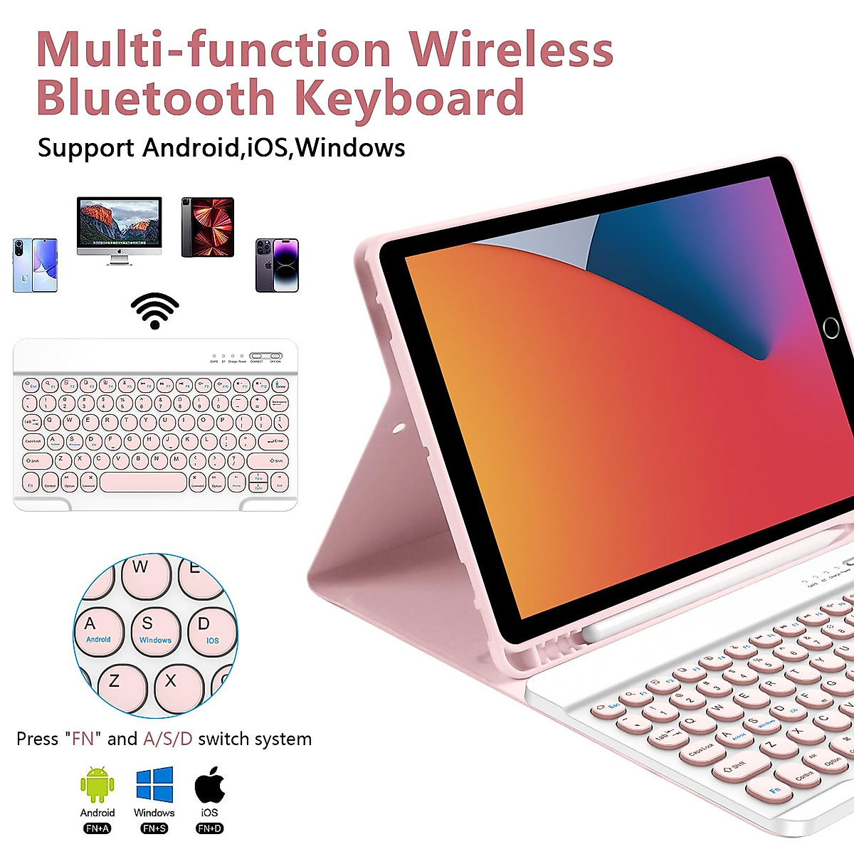 iPad 9th 8th 7th Generation Keyboard Case 10.2inch, iPad Air 3 Case with Keyboard, iPad Case with Bluetooth Keyboard for iPad Pro 10.5''(3rd Gen), Slim Leather Folio Cover for iPad 2021/2020/2019-Pink