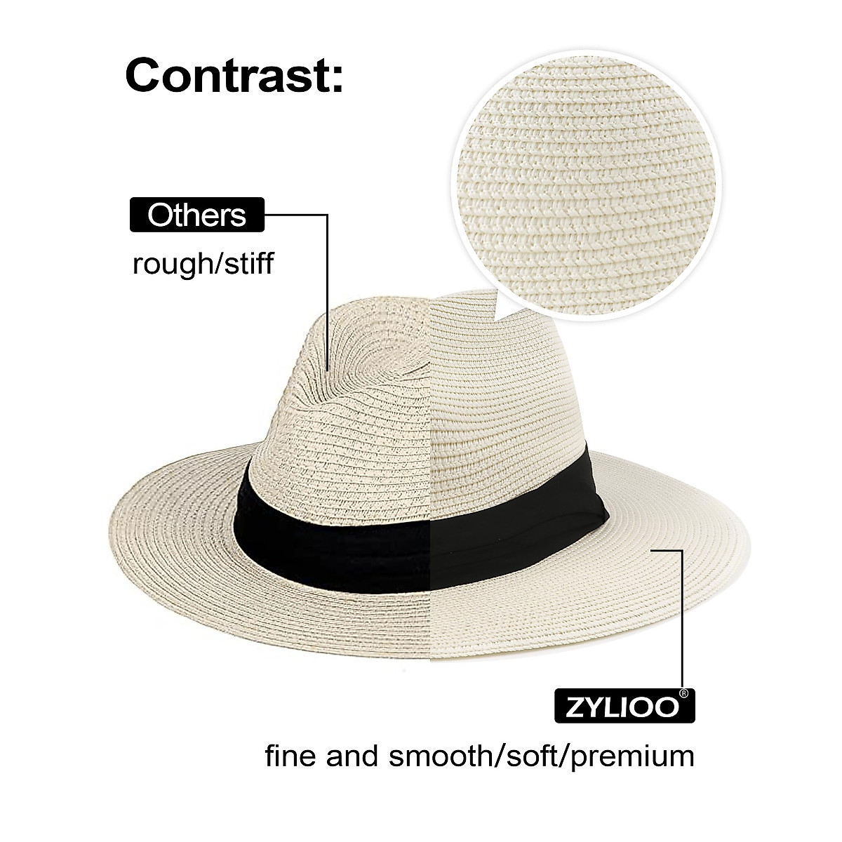 Zylioo Oversize XXL Straw Sun Hats,Wide Brim Panama Hat,Fedora Summer Beach Hat,UPF Straw Hat for Big Heads