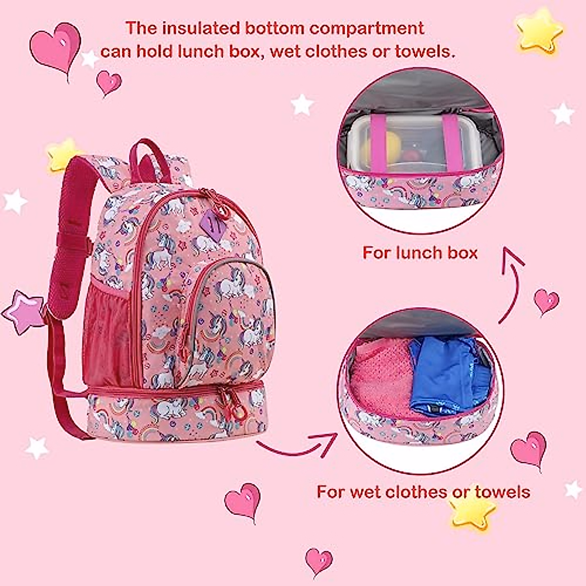 HAPPYSUNNY Toddler Backpack and Lunch Box Set for Girls 2-in-1 Kids Unicorn Backpack and Insulated Lunch Bag Compartment
