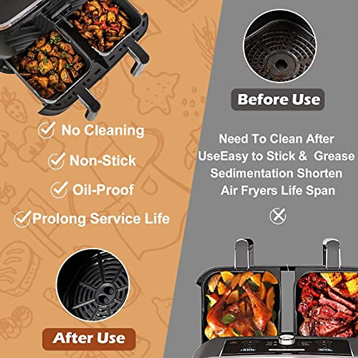 2Pcs Air Fryer Silicone Liners for Ninja Dual Air Fryer, Non-Stick Air Fryer Basket Accessories for Ninja DZ201/ DZ401 8-10 QT, Reusable Silicone Air Fryer Liners for Ninja Foodi