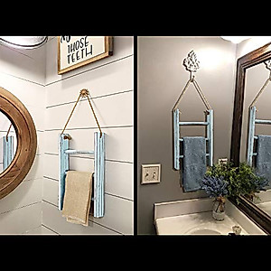 DOCMON 3-Tier Towel Rack, Wood Bathroom Decor Wall-Hanging Towel Storage Ladder with Rope for Farmhouse Room Decor (Blue)