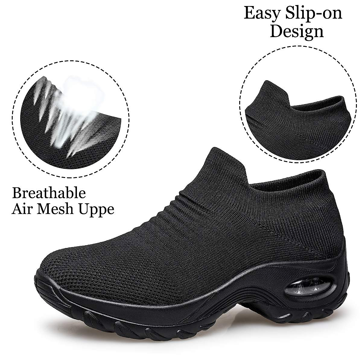 YHOON Women's Walking Shoes - Sock Sneakers Slip on Mesh Platform Air Cushion Athletic Shoes Work Nurse Comfortable Black 7
