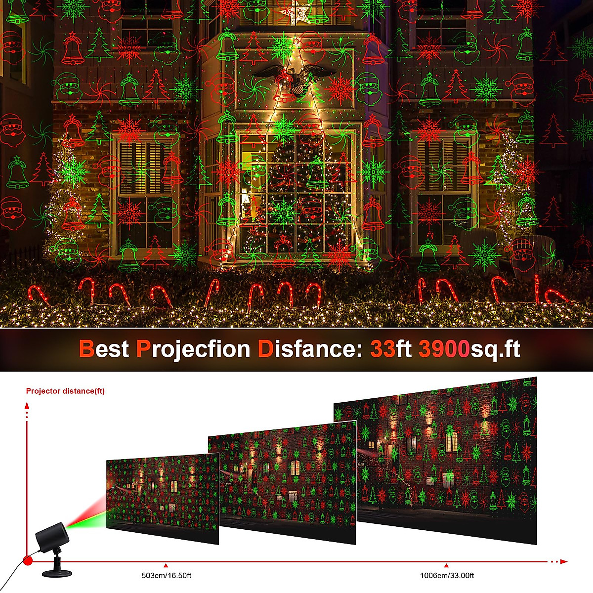 Christmas Projector Light, Red & Green Christmas Patterns Projection Light with RF Control, IP65 Waterproof Holiday Decoration Projector Lights for Halloween, Xmas, Home, Garden, New Year
