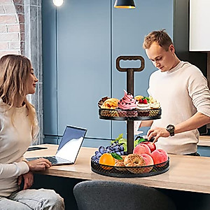 WeGXY Two Tiered Tray, Black Walnut Tiered Tray Stand,Farmhouse 2 Tier Tray,Wooden Rustic and Metal Lace Tiered Tray for Home Kitchen