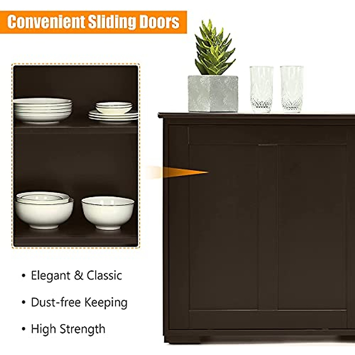 Salches Kitchen Storage Sideboard, Stackable Buffet Cabinet w/Adjustable Shelf, Cupboard w/Smooth Sliding Door for Dining Room/Living Room/Entryway/Bathroom (Brown)