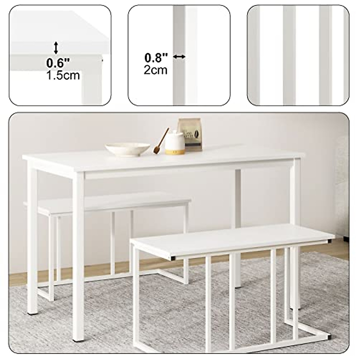 DlandHome 47'' Dining Table Set for 4, Kitchen Table Set Dining Table and 2 Benches, Kitchen Table and Benches, 3 Pieces Breakfast Table Set Dining Table with Bench Dining Room Bench Set, White