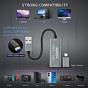 Papeaso Video Capture Cards, 4K HDMI to USB 3.0 Video Capture Device, 1080P HD 60fps Broadcast Live and Record Video Audio Grabber for Gaming, Streaming, Teaching, Video Conference (Silver)