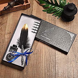 Serounder Quill Pen Set, Classical Calligraphy Fountain Pen Feather Quill Dip Pen Ink Bottle Set with Gift Box (Black)