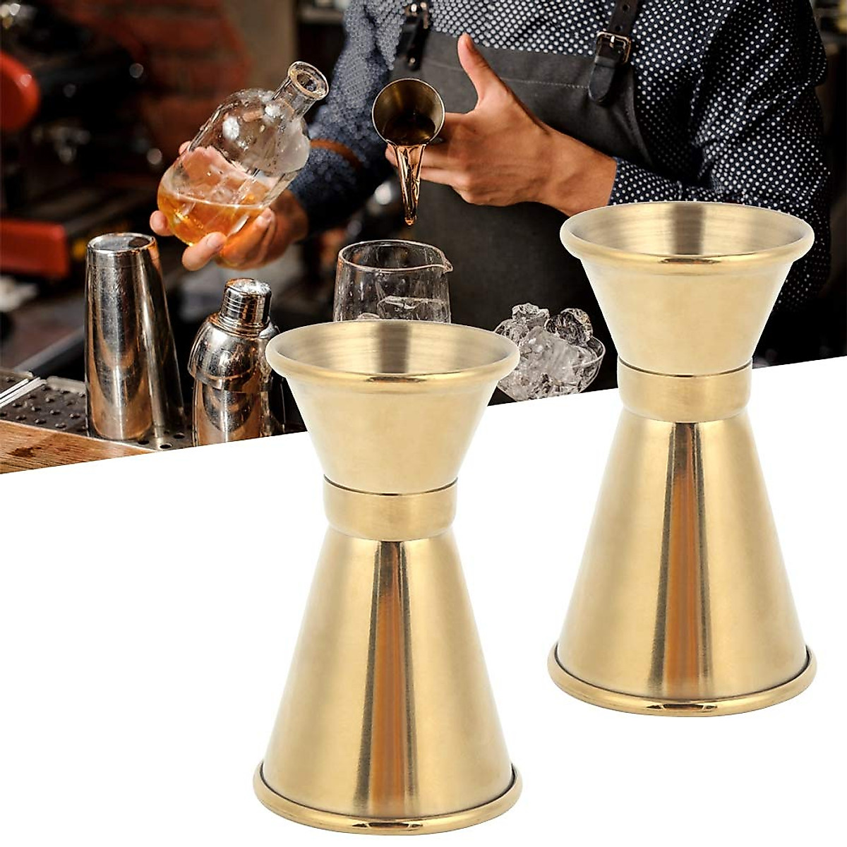 Jigger for Bartending 2pcs, Golden Dual Heads Jigger Stainless Steel Shot Measure Jigger Japanese Style Double Jigger Measuring Tool for Bar, Party, Home(S)