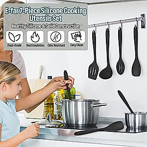 Silicone Cooking Utensils Set, E-far 7-Piece Black Heat Resistant Kitchen Utensils Set, Kitchen Nonstick Tools Spatula Ladle Spoon Pasta Server for Non-stick Cookware, Non-Toxic & Dishwasher safe