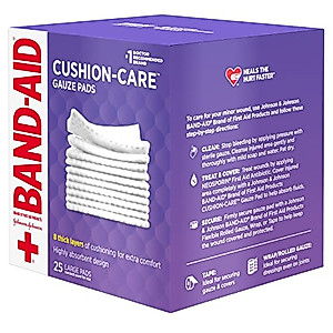 Band-Aid Brand Absorbent Cushion Care Sterile Square Gauze Pads for First Aid Protection of Minor Cuts, Scrapes & Burns, Non-Adhesive, Wound Care Dressing Pads, Large, 4 in x 4 in, 25 ct