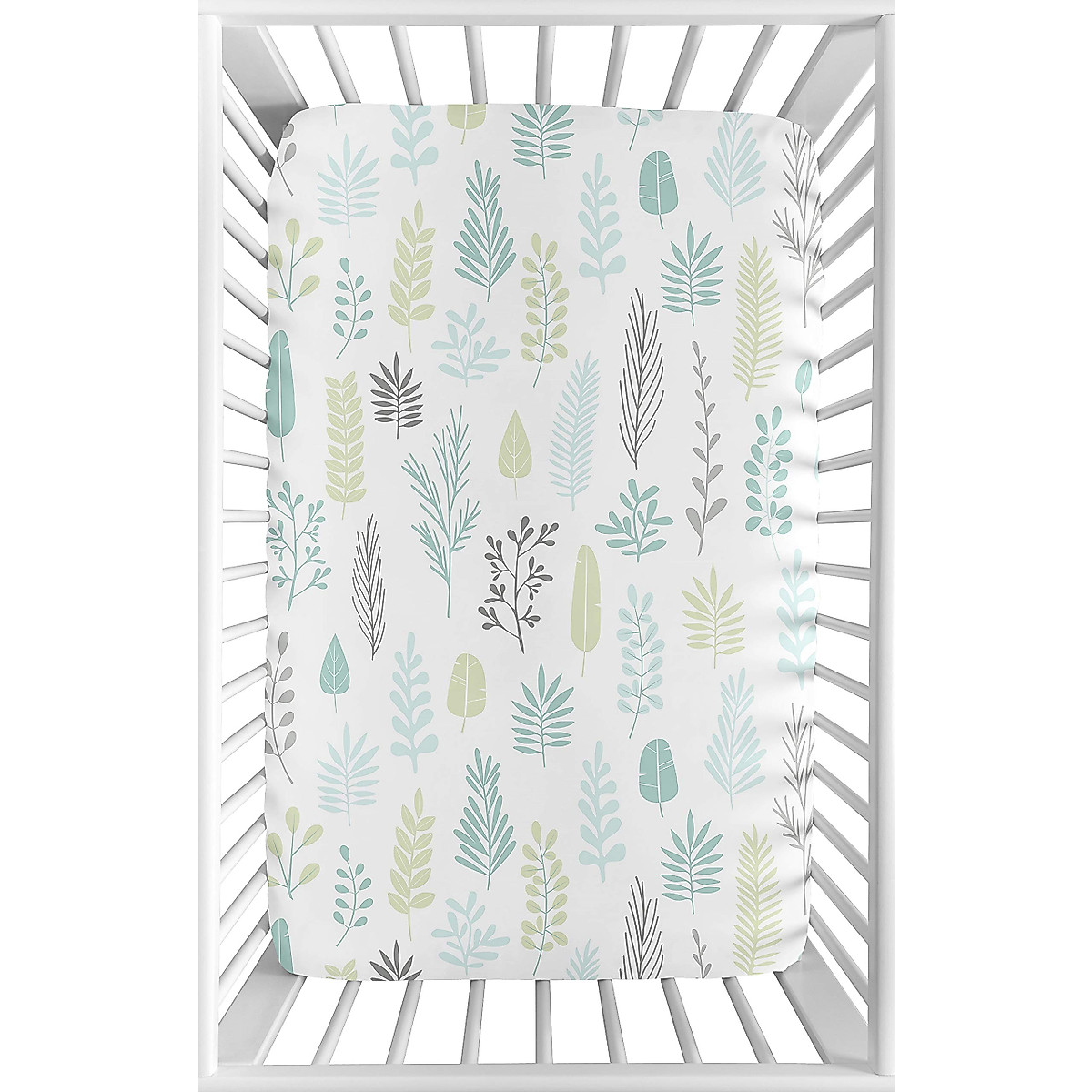 Sweet Jojo Designs Blue Grey Tropical Leaf Unisex Boy Girl Baby Nursery Fitted Mini Portable Crib Sheet For Mini Crib, Pack and Play - Turquoise Gray Green Botanical Rainforest Jungle Sloth Collection