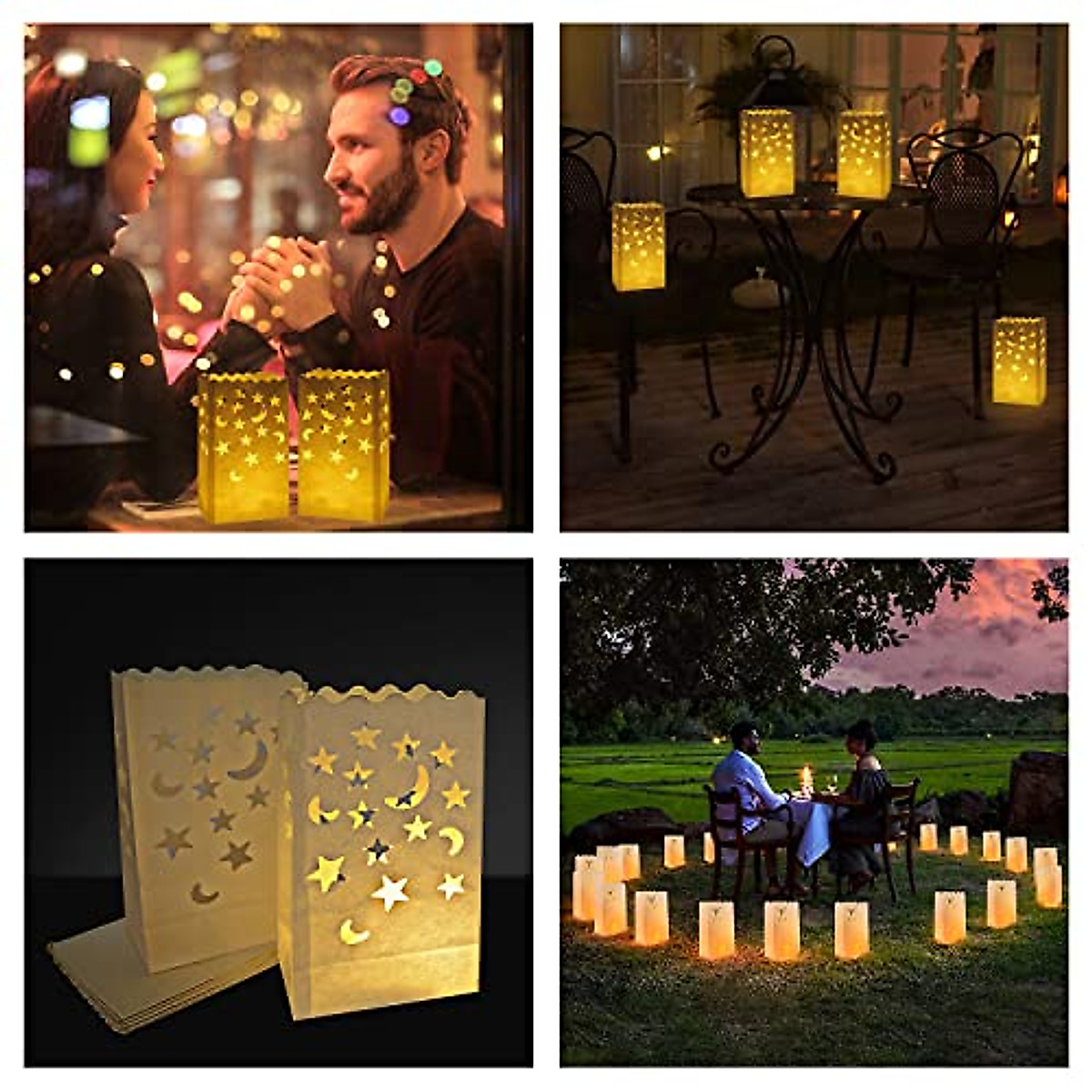 Stmarry 50 pcs White Luminary Candle Bags Special Lantern Luminary Bag with Stars Moon Durable and Reusable Fire-Retardant Material for Wedding Valentine's Day Decor Engagement Event Marriage Proposal