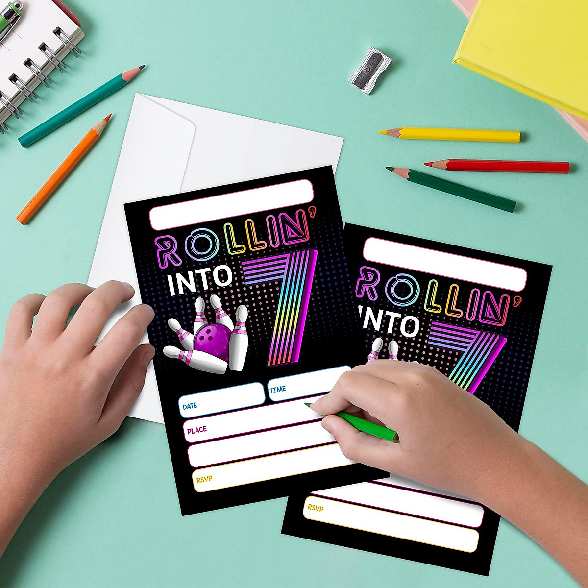 WUINCK 7th Birthday Party Invitations Cards, Roller Bowling Birthday Party Invitations for Kids, Boys and Girls, Neon Bowling Birthday Party Celebration Supplies, 20 Invitation with Envelopes - 0063