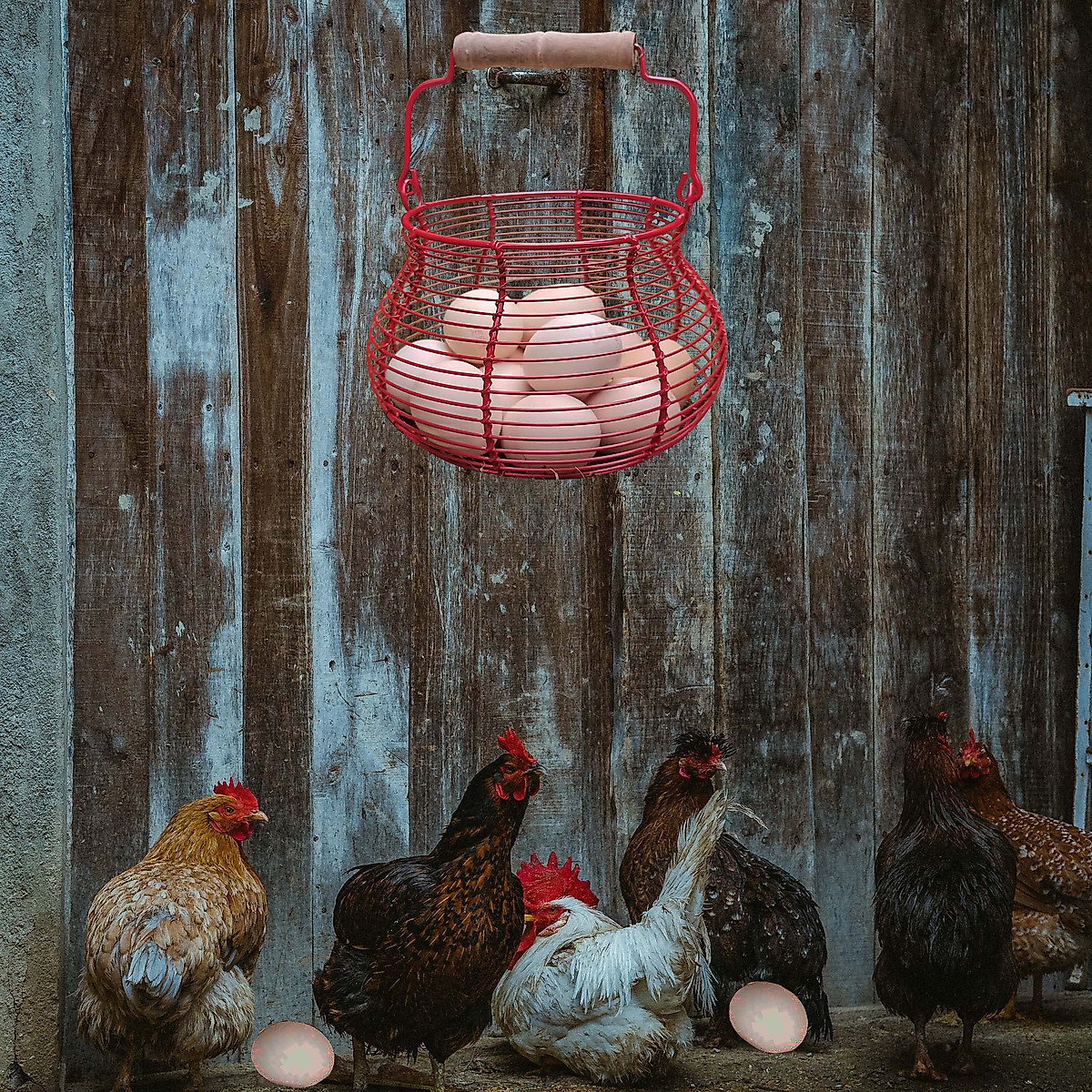 LINCOUNTRY Wire Egg Basket for Gathering Fresh Eggs,Red Egg Baskets for Fresh Egg Farmhouse,Egg Collecting Basket,Round Metal Egg Basket With Handle,Refrigerator Countertop Holder, Kitchen Storage Bin