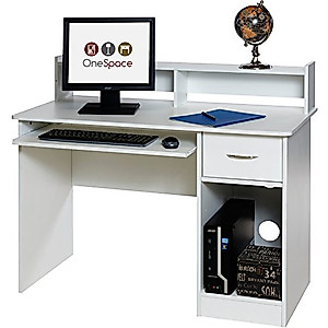 OneSpace Essential Computer Desk, Hutch with Pull-Out Keyboard, White