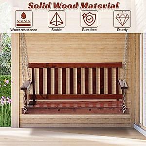 Wooden Porch Swings Outdoor Bench Swing 48inch, 2 Person Seating Hanging Porch Swing Solid Wood Patio Bench for Garden,Yard,Patio,Corrosion Resistant, Heavy Duty 800lb Weight for Adult (Brown)