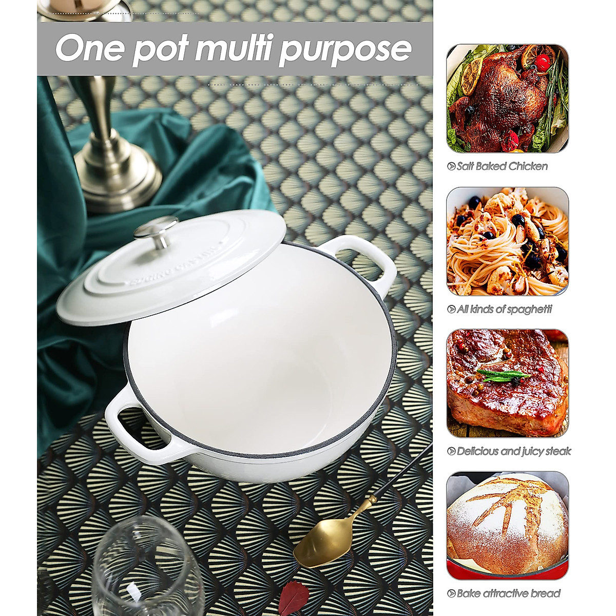 EDGING CASTING Cast Iron Dutch Ovens With Lid Dual Handle Enameled Dutch Oven, 3.5 Quart, White