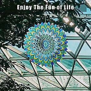 Peacock Wind Spinner,3D Kinetic Art Garden Sculptures,Sun Catcher Outdoor Metal Large Spinning Yard Decor,12in Green Bird Feather Style Spinner Hanging Ornaments,Big Craft Decorations for Patio Garden