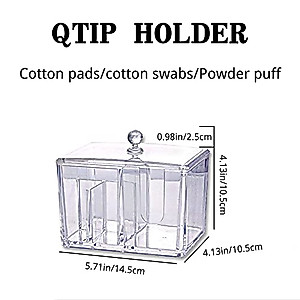 SPINSM Qtip Holder 4 Partitions Square Cotton Ball Holder Clear Acrylic Modern Bathroom Organizer With Lid Jars Storage Canister Jar Bathroom Accessories for Cotton Swabs, Makeup Pads, Cosmetics
