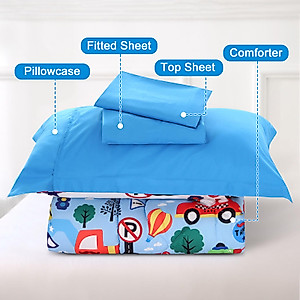 Wowelife Car Toddler Bedding Sets for Boys Blue, Premium 4 Piece Car Toddler Bed Sets for Boys and Girls, Super Soft and Comfortable for Toddler(Transportation)