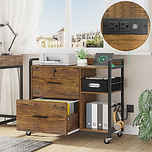 SEDETA 32" Filing Cabinet, Filing Cabinets for Home Office fits Legal, Letter, A4 Size, Locking File Cabinet with Power Strip, Printer Stand with Storage, Rustic Brown