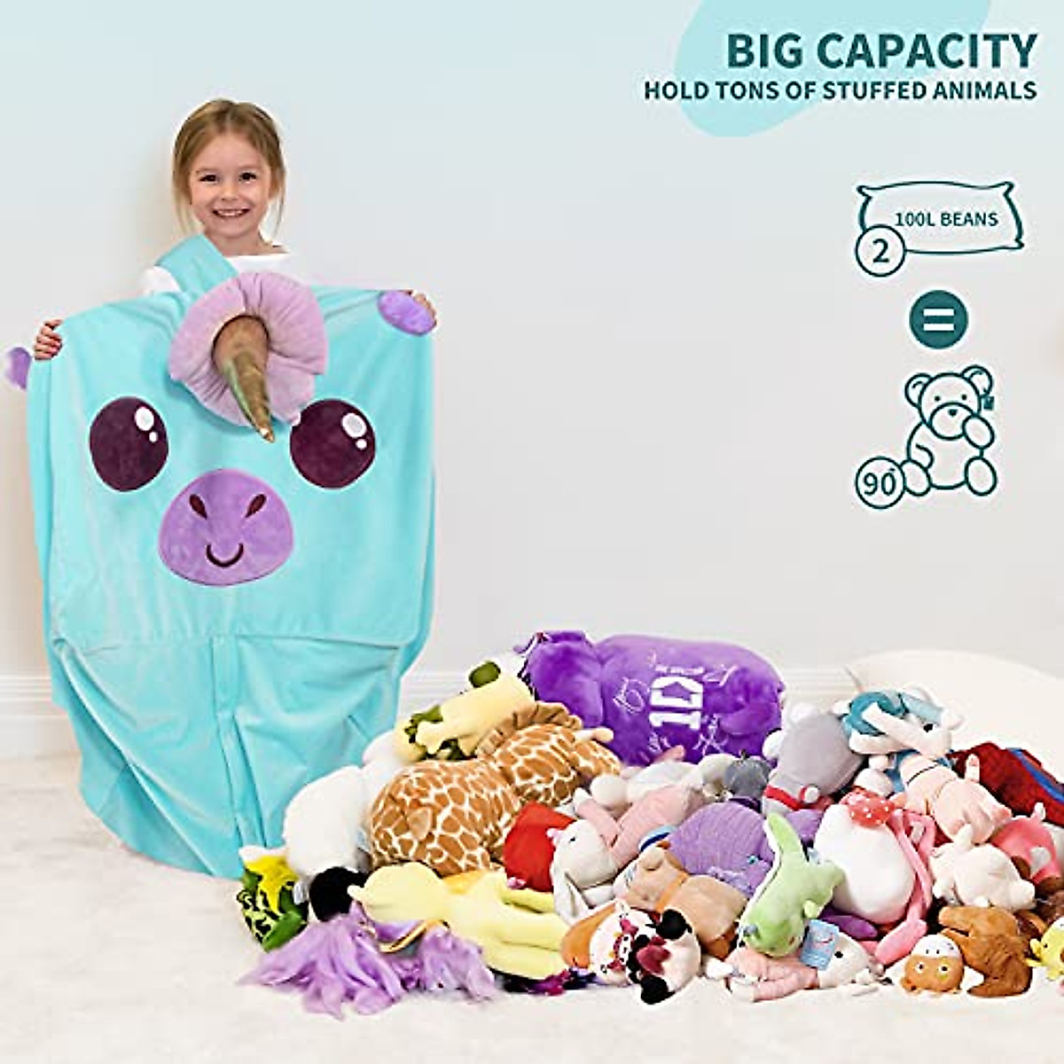Aubliss Unicorn Stuffed Animal Storage Bean Bag Chair for Kids, Velvet Extra Soft Beanbag Chairs Cover, X-Large Stuffable Zipper Bean Bag for Organizing Plush Toys Girls Bedroom Decor, Cyan