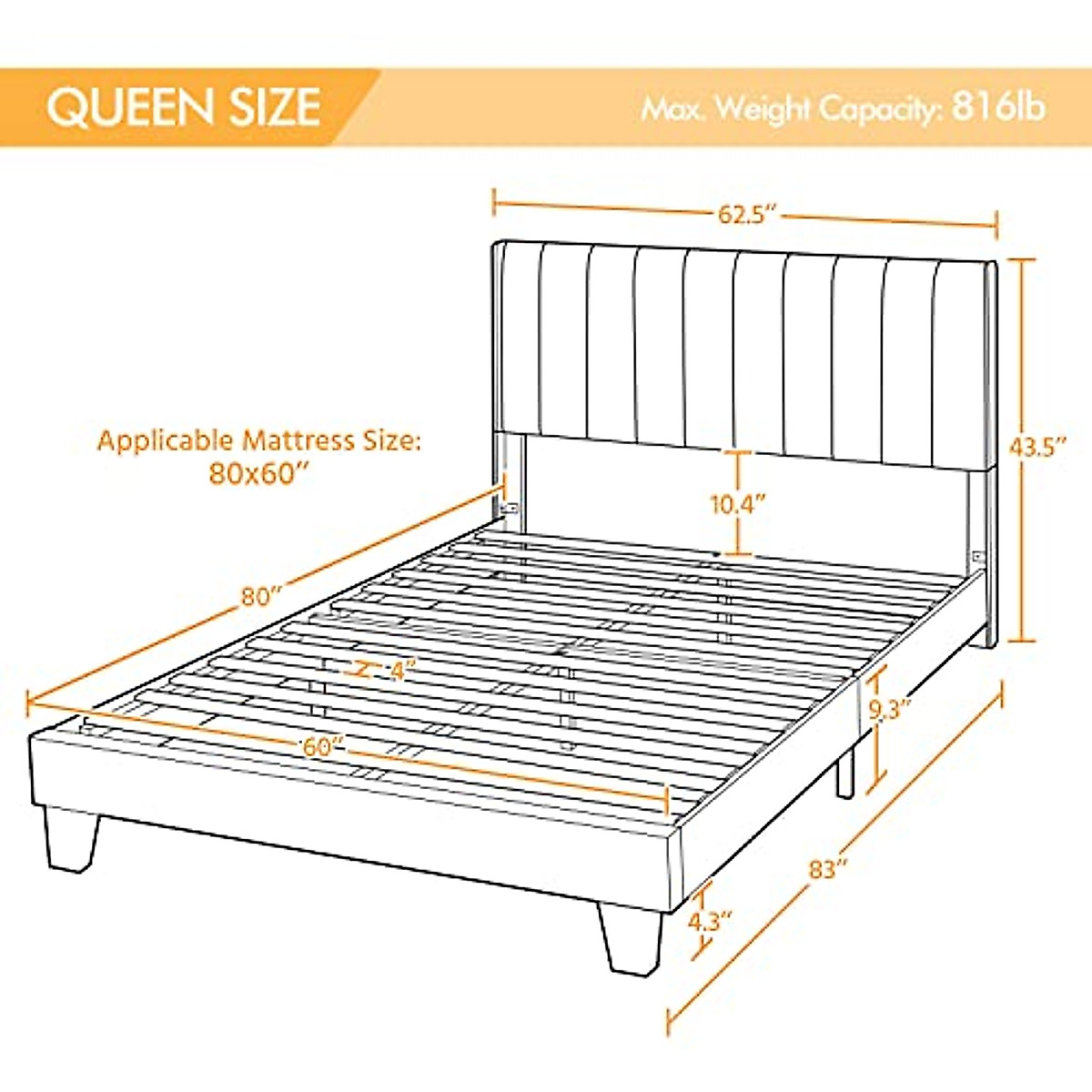 Yaheetech Upholstered Platform Bed with Wing Edge Channel Tufted Headboard Mattress Foundation/Heavy Duty Wooden Slat Support/No Box Spring Needed, Easy Assembly, Navy Blue, Queen Size