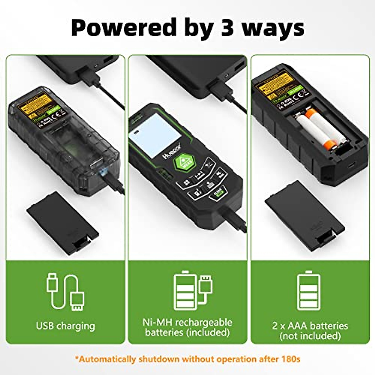 Huepar Laser Distance Measure 328Ft with Rechargeable Battery & Angle Sensor, Backlit LCD Laser Meter M/in/Ft with Mute Function&Multi-Measurement Modes, Distance Pythagorean, Area&Volume -X6-LM100