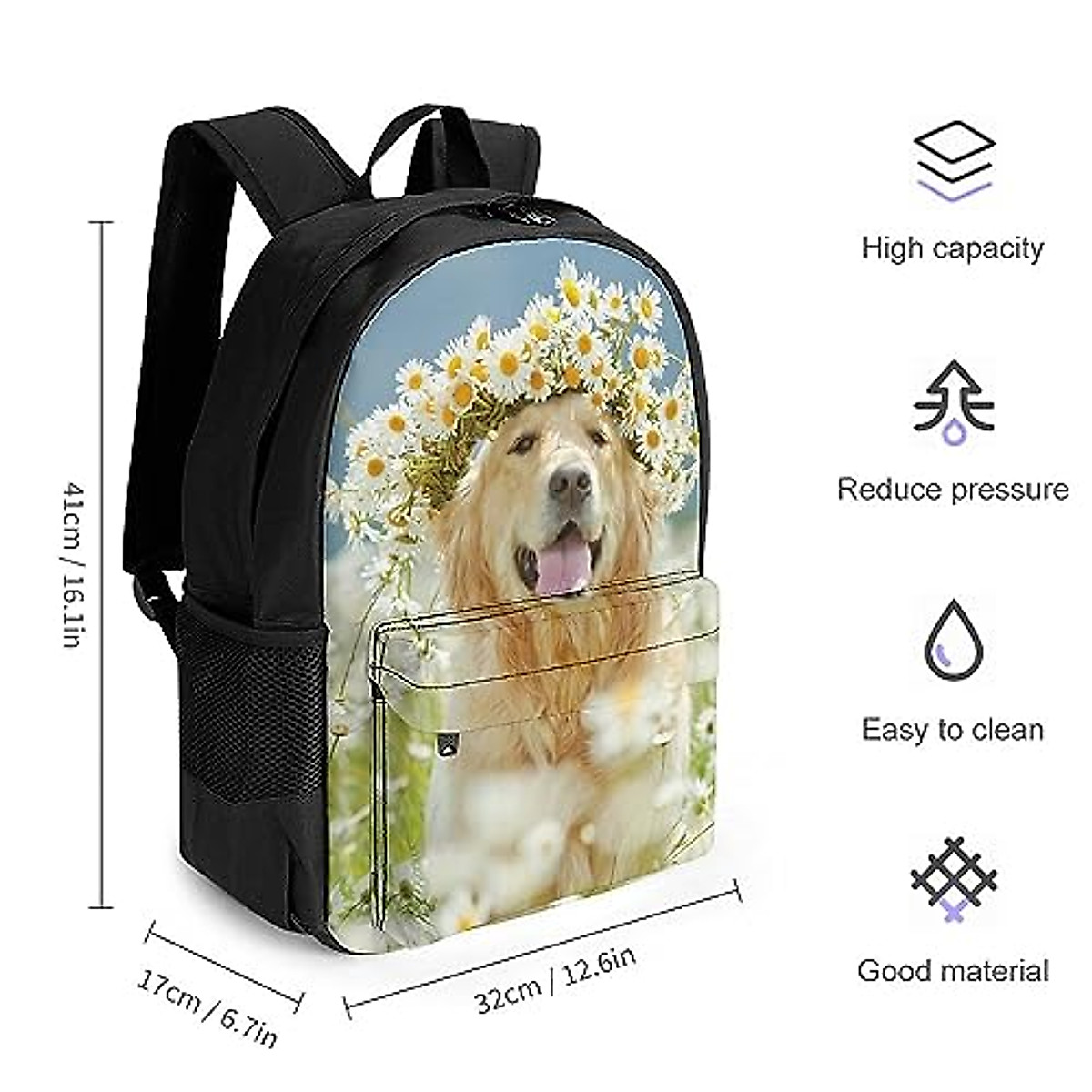 Golden Retriever Dog Lovely Wreath Laptop Backpack for Men Women Shoulder Bag Business Work Bag Travel Casual Daypacks