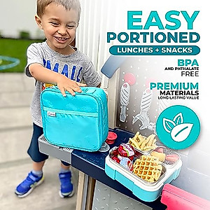 Stainless Steel Lunch Box for Kids Toddler Bento-Box Lunch-Box for Daycare, 3 Compartment Portion Control Containers with Tray for Lunches Snacks - School Travel, 24 oz Teal Blue with Bag Utensil