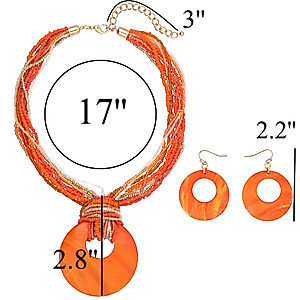Coiris Multi Strand Statement Colorful Beaded Necklace Earrings Set with Big Circle Shell Pendant for Women (N0055-Orange)