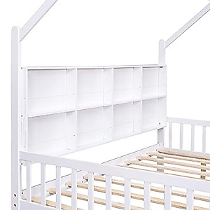 Polibi Full Size Wooden House Bed with 2 Drawers, 8 Storage Shelves, Roof, Headboard and Footboard, White