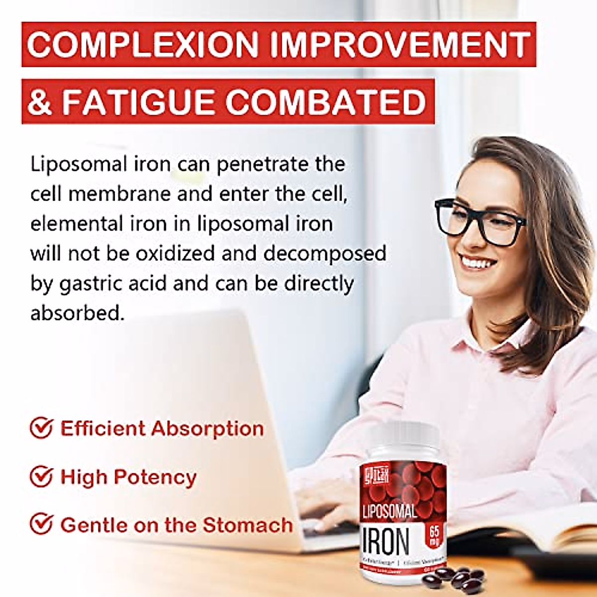 Liposomal Fe Iron Supplement for Women,65 mg Iron Supplements with Folic Acid & Vitamin B12 for Men,Red Blood Cell Production,Energy Support for Adults Iron Deficiency 60 Softgels(1 Bottle)