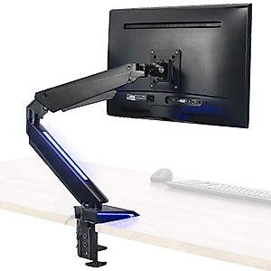 VIVO Premium Single 17 to 32 inch Gaming Pneumatic Monitor Arm Clamp-on Desk Mount Stand with Blue LED Lights, Max VESA 100x100, Black STAND-GM1BB