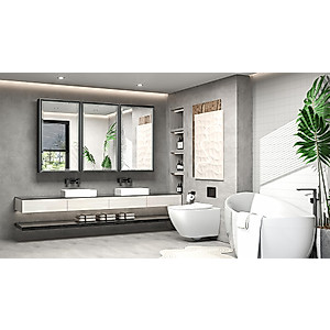 TokeShimi 48x30 Medicine Cabinet Bathroom Vanity Mirror Black Metal Framed Recessed or Surface Wall Mounted with Aluminum Alloy Beveled Edges Design 3 Doors for Modern Farmhouse