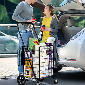 MARSTAR Folding Shopping Cart w/Rolling Swivel Wheels, Utility Cart for Groceries Laundry Transport Stair Climber, Double Basket, Adjustable Handle, Portable Grocery Cart, Light Weight, Save Space