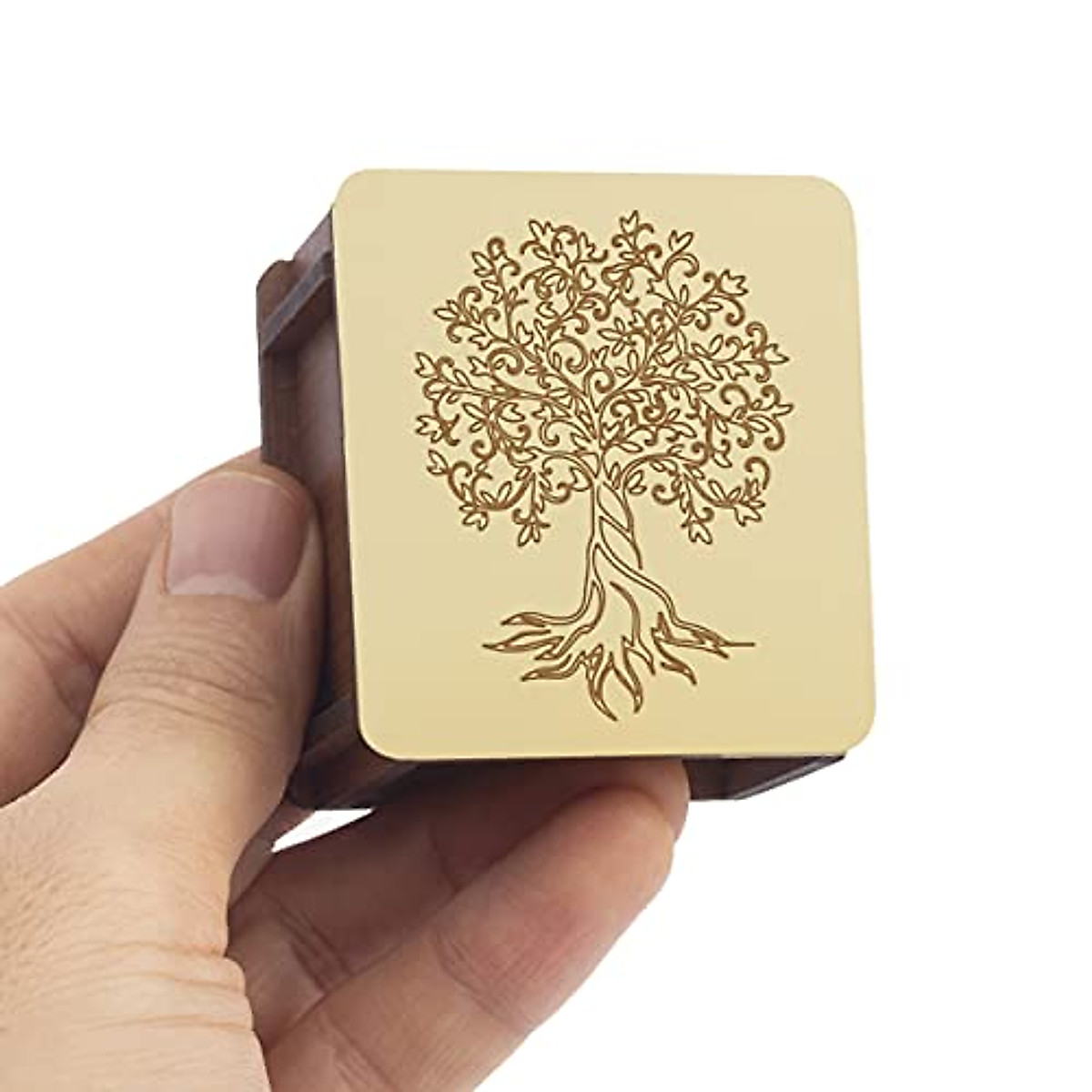 LUCCE Wooden Ring Box for Proposal Slim - Small Engagement Ring Box Wood - Golden Mirror Effect Tree of Life Pattern Rustic Wedding Decorations for Ceremony, Jewelry Box - Wooden Storage Box with Ring Bearer and Perfect for Proposal, Wedding, Ceremony, En