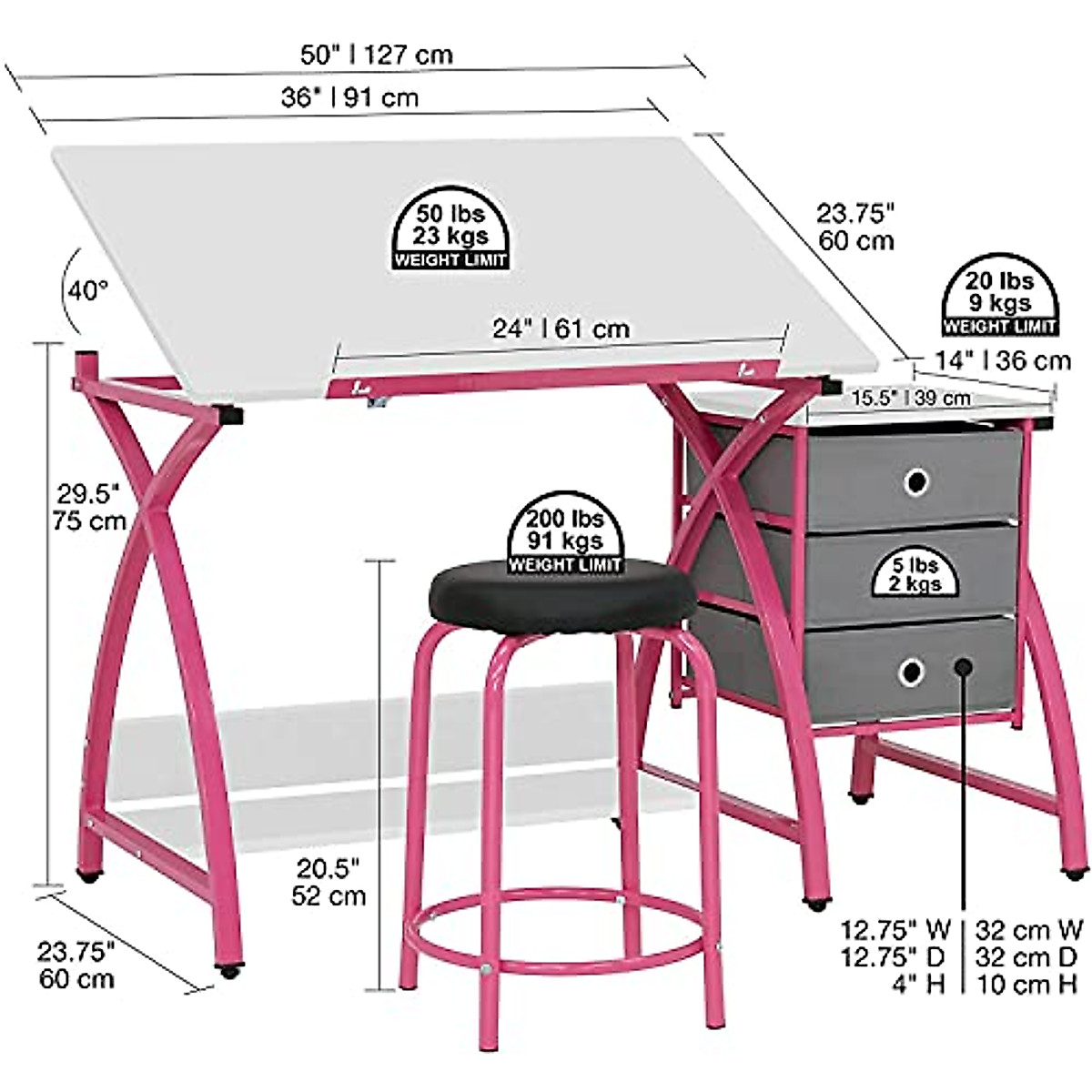 Offex 2 Piece Venus Craft Table with Angle Adjustable Top and 20.5" H Matching Padded Stool, Pink/White - Great for Home, Office, Kids Room and More