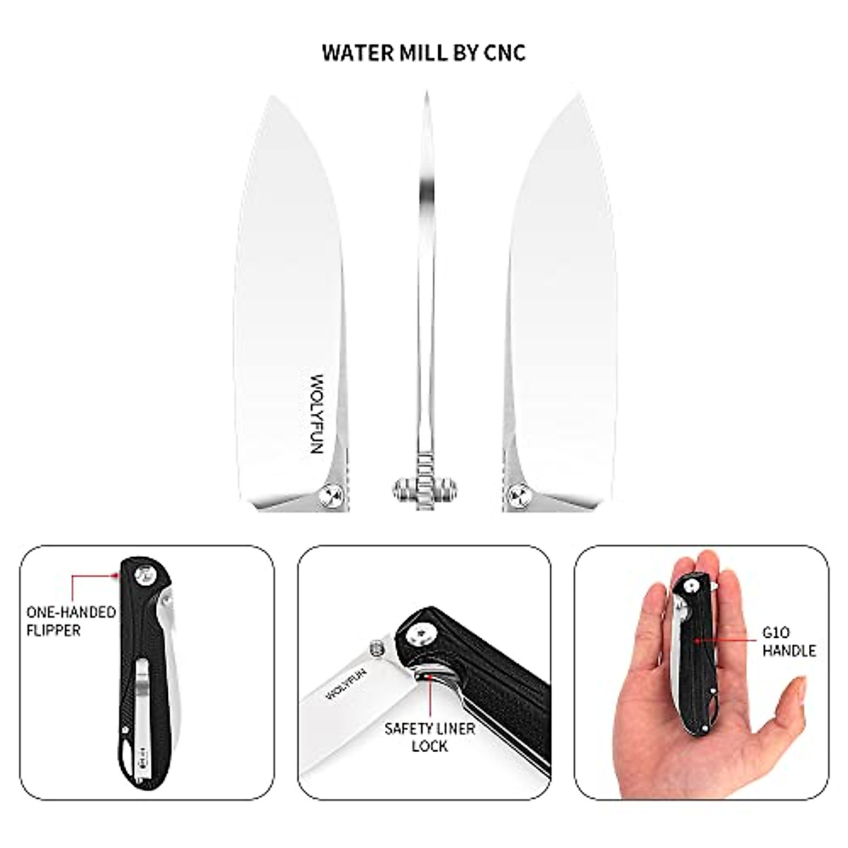 Wolyfun EDC Pocket Knife with Sharpener Stone ,3.7" D2 Steel Blade + G10 Handle, Secure Liner Lock Gifts for Outdoor Camping Fishing Hiking Hunting