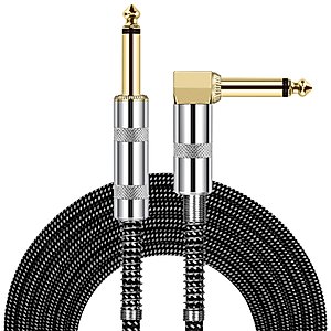JOLGOO Guitar Cable, 1/4 Inch Cable 10 Ft, Straight to Right Angle 6.35mm Plug Bass Keyboard Instrument Cable, Black and Gray Tweed Cloth Jacket, Electric Mandolin, pro Audio