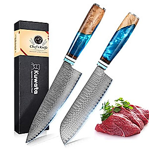 Kuwata Chef Knife Set Damascus, 2PCS Professional Japanese VG-10 High Carbon Stainless Steel Kitchen Knife Set Chefs Knife, Santoku Knives, Knives Set for Kitchen with Gift Box