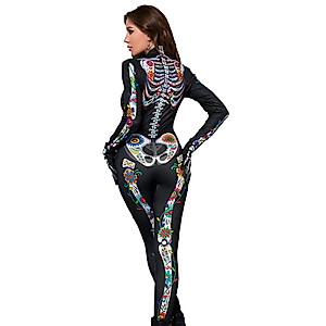 Joyful Start 3D Women'S Skeleton Costume Halloween Sugar Skull Costume Halloween Women Skeleton Bodysuit Jumpsuit Day Of The Dead Costumes L