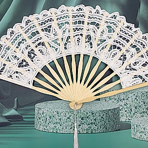 Propupy Folding Hand Fan Womens Lace Fan Elegant Cotton Fan Handmade Vintage Retro Fan with Bamboo Staves and Silk Tassels for Wedding Bridal Shower Dancing Party (White)