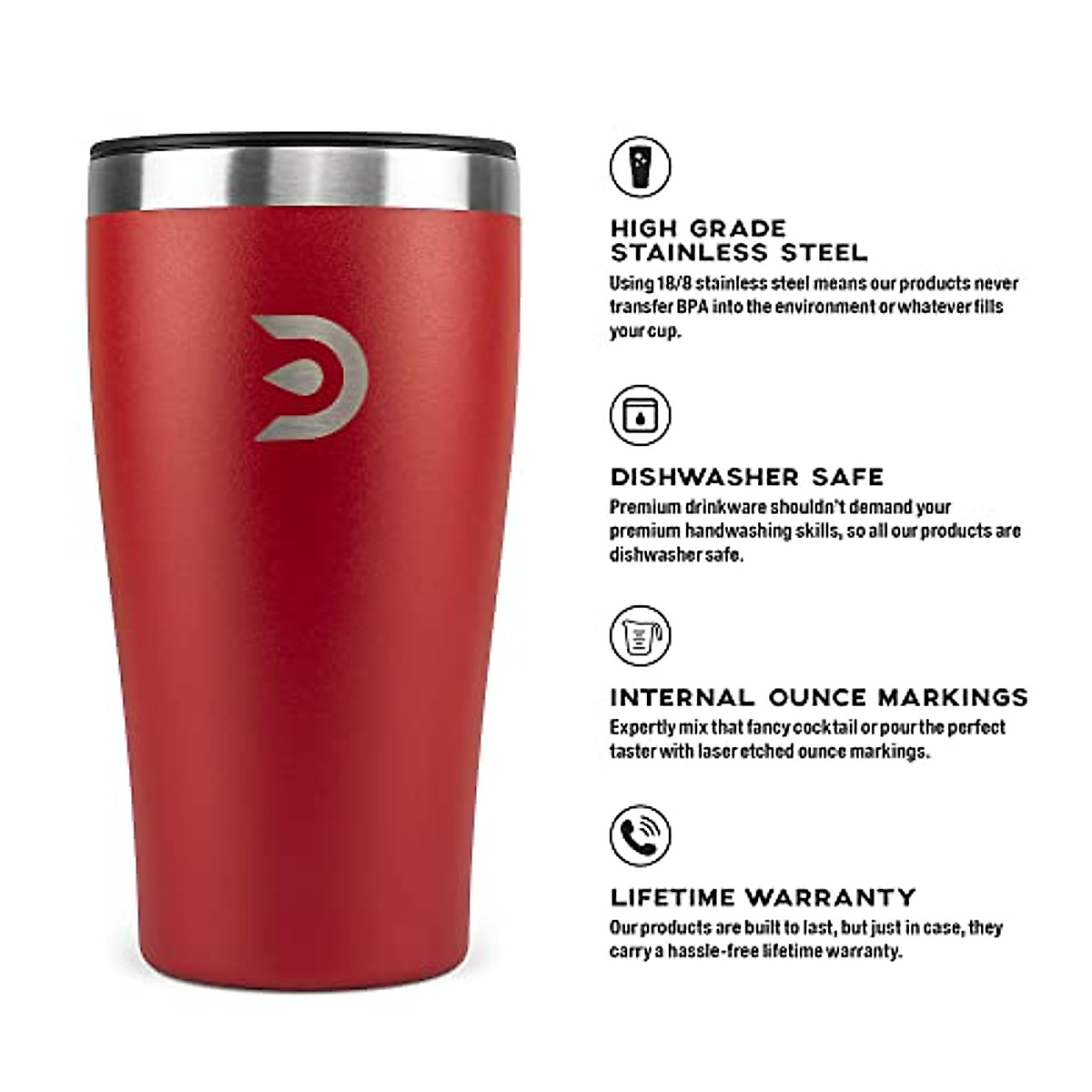 DrinkTanks Insulated Craft Pint Cup - 16 oz Vacuum Insulated Stainless Steel Mug with Lid; Hot/Cold perfect for coffee, iced tea, beer, cocktails, wine, kombucha; Dishwasher Safe (Crimson)