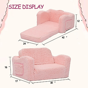 VINYUSE Toddler Couch, 2-in-1 Kids Toddler Soft Sherpa Couch, Convertible Sofa to Lounger, Fold Out Sofa Chair for Girls and Boys, Pink, M
