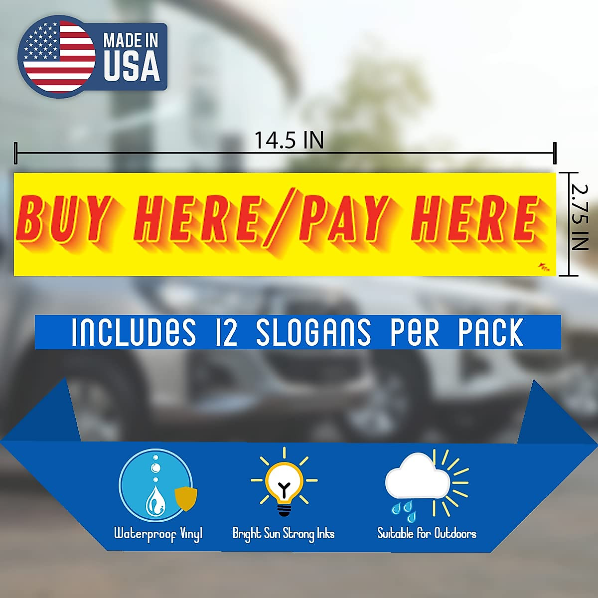Versa Tags Windshield Slogan Stickers 12 Pack of Cash Stickers 12 Pack of Buy HERE Pay HERE Slogans 12 Pack of 4X4 Window Stickers (36) Dealership Stickers Red On Yellow
