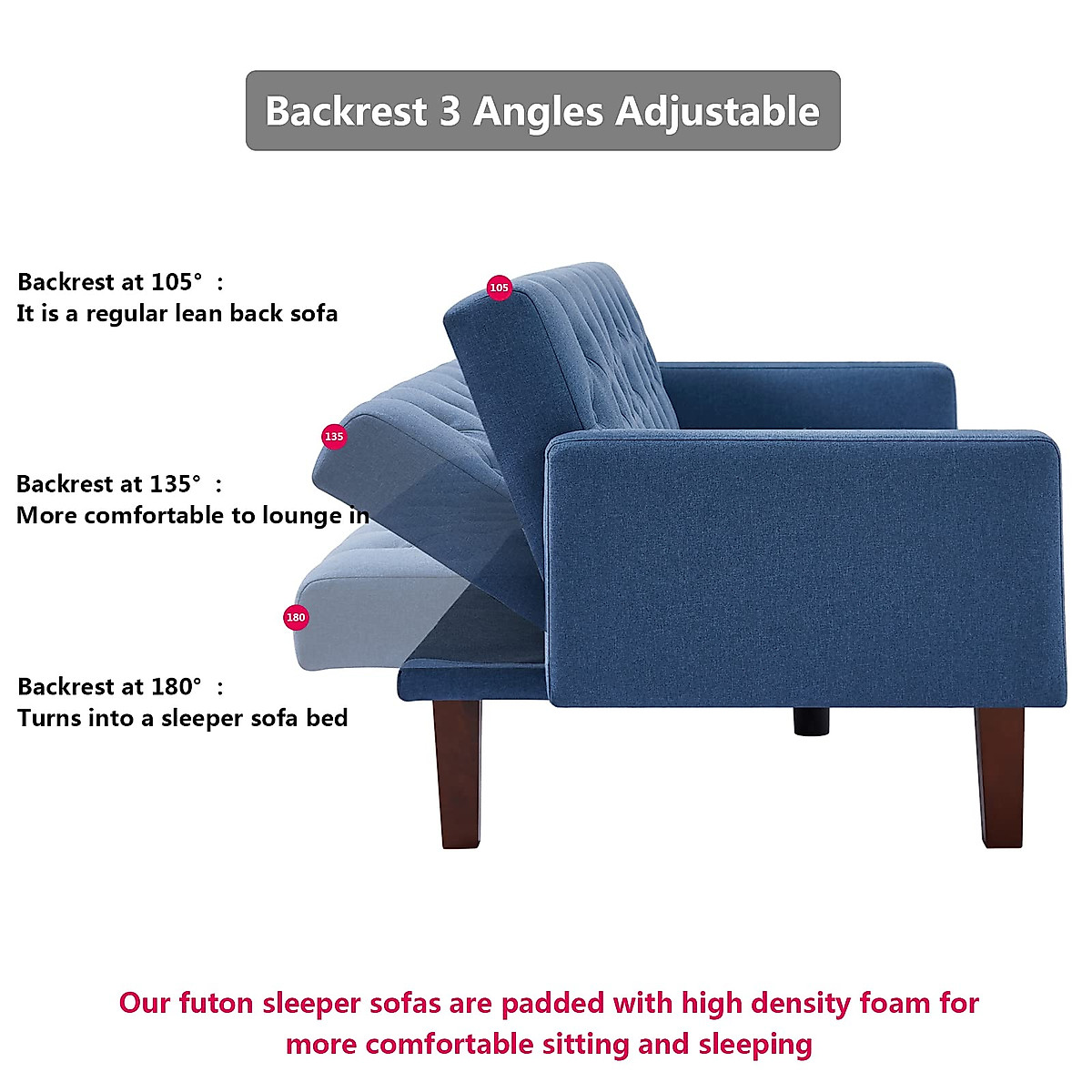 mikibama Tufted Linen Futon Sofa Couch Bed for Living Room Convertible Fabric Blue Upholstered Sleeper Futon Guest Bed Twin Size with Solid Wood Legs for Small Spaces