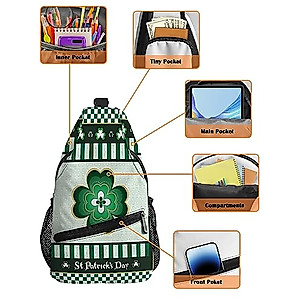 Sling Backpack, St. Patrick's Day Lucky Shamrock Green White Checkered Pattern Waterproof Lightweight Small Sling Bag, Travel Chest Bag Crossbody Shoulder Bag Hiking Daypack for Women Men