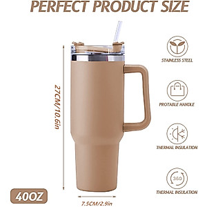 Bileeko 40 oz Tumbler with Handle and Straw, Reusable Stainless Steel Insulated Travel Mug Iced Coffee Cup Maintains Cold, Heat, and Ice for Hours(Driftwood)